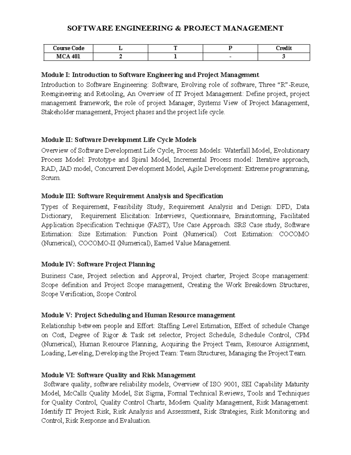 Software Engineering And Project Mgmt Software Engineering And Project Management Course Code L T