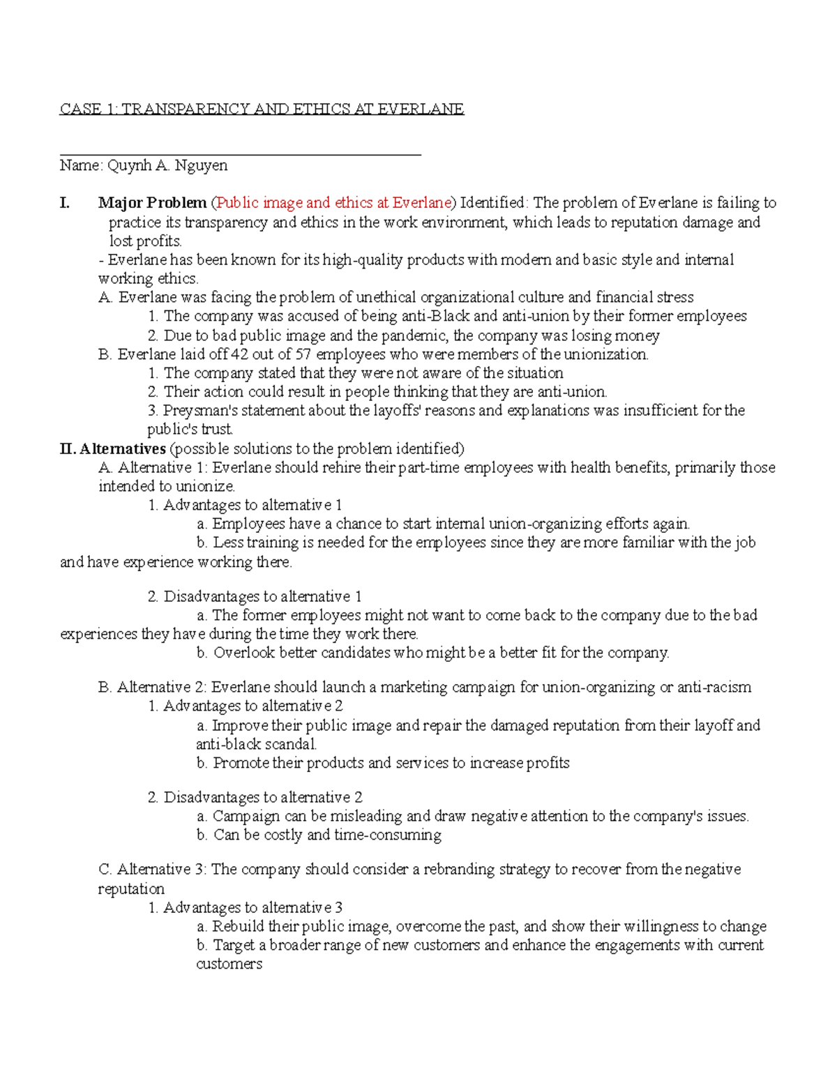 Transparency and Ethics at Everlane outline - CASE 1: TRANSPARENCY AND ...