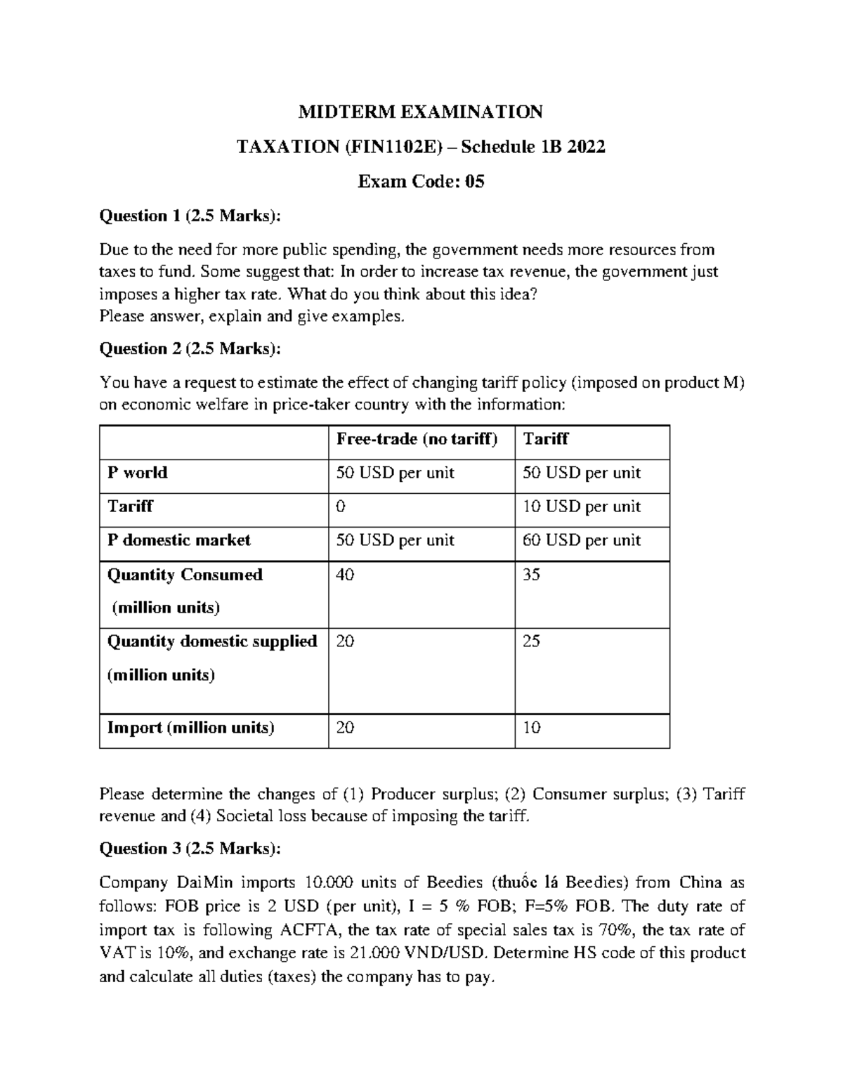 Mid-term test 1B 2022 5 - Tax - MIDTERM EXAMINATION TAXATION (FIN1102E ...