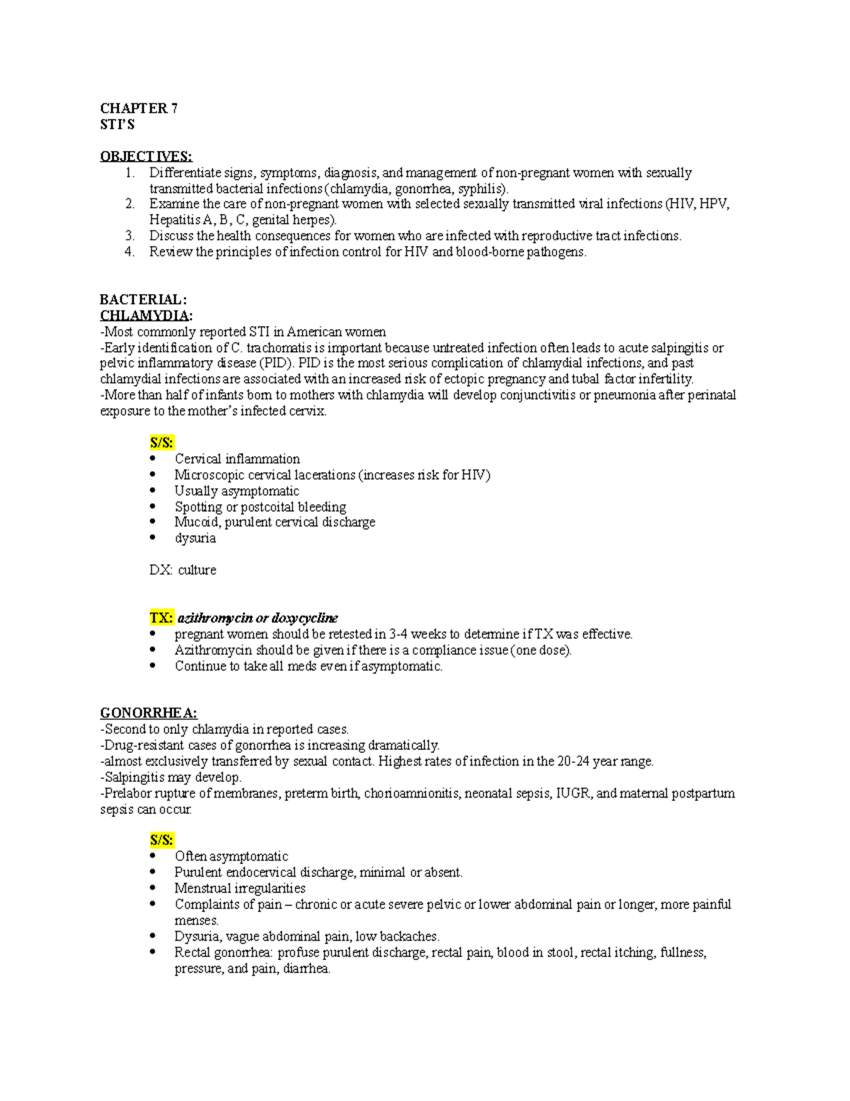 Ch. 7 notes - CHAPTER 7 STI’S OBJECTIVES: Differentiate signs, symptoms ...