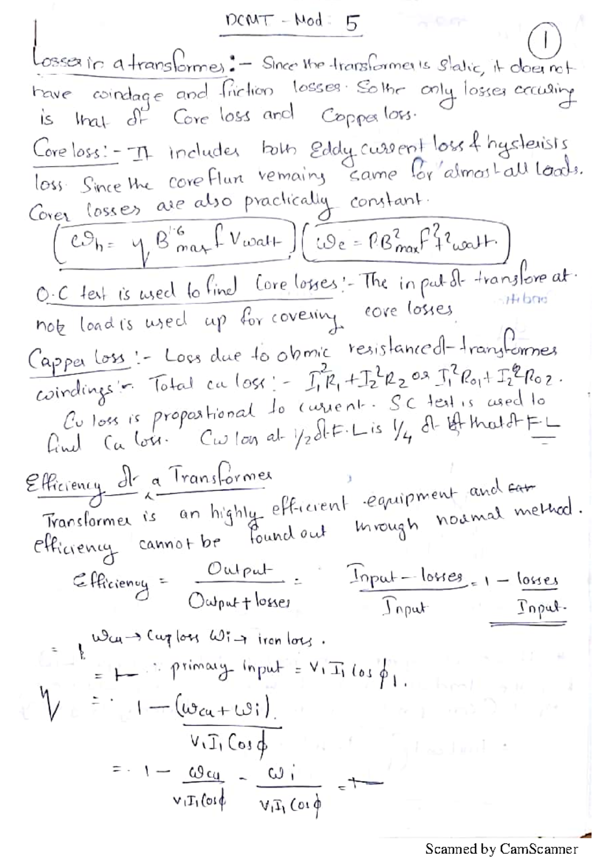 DCMT Part 4 Notes - DCMT Mod 5 I Losses in a transformer Since the ...