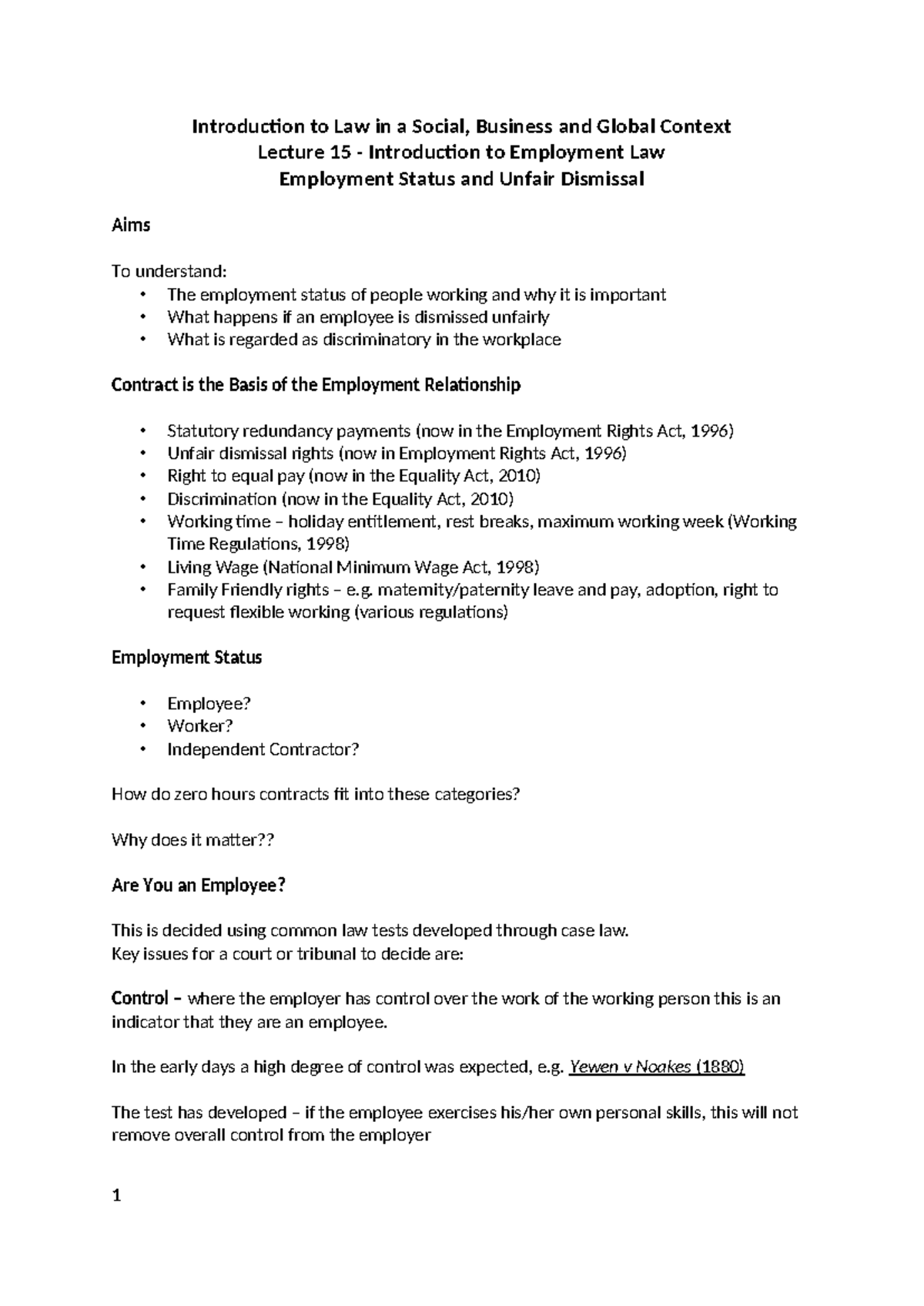 Lecture 15 - Introduction to Employment Law (Notes) - Introduction to ...