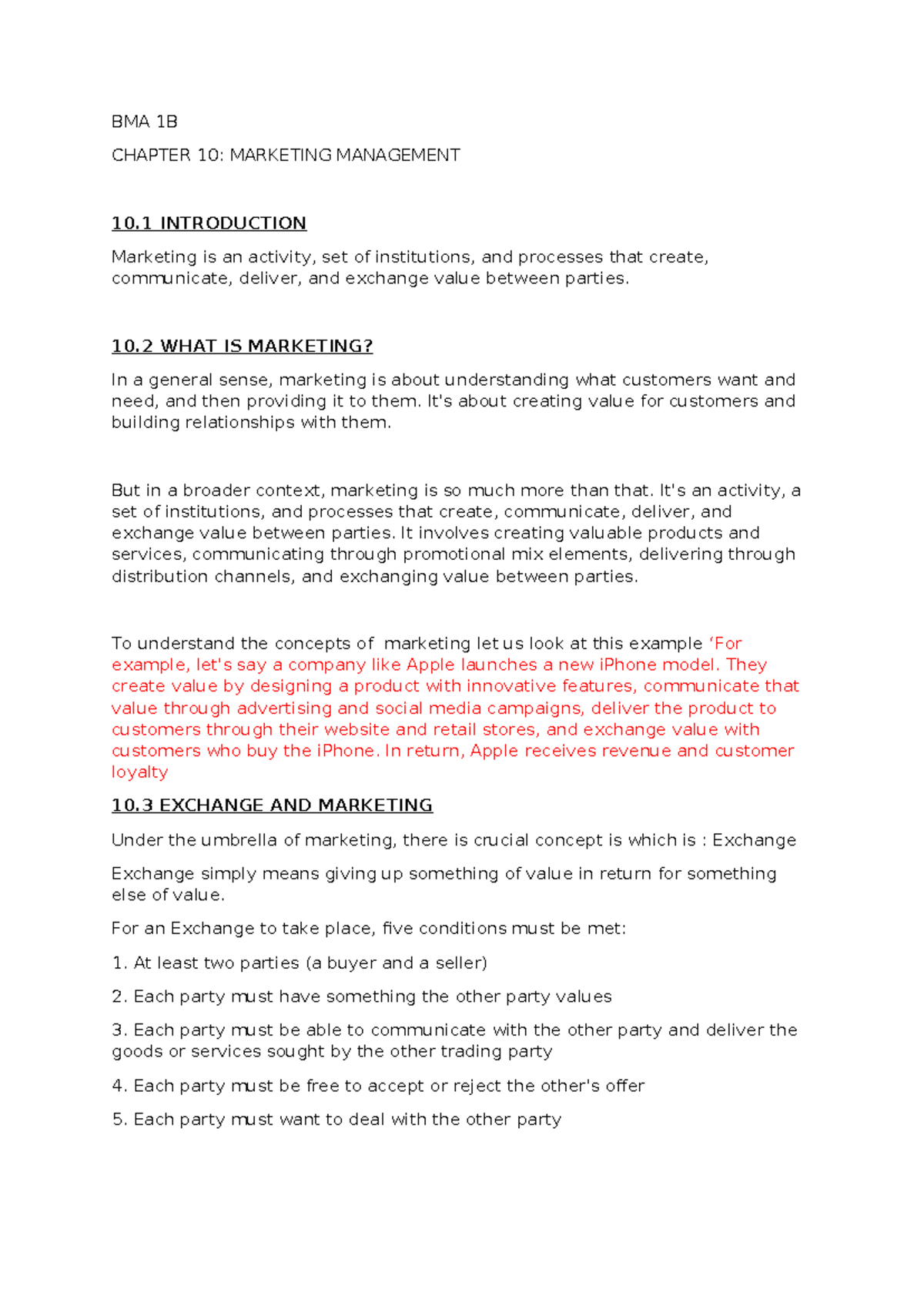 BMA 1B Chapter 10 - Lecture notes - BMA 1B CHAPTER 10: MARKETING ...