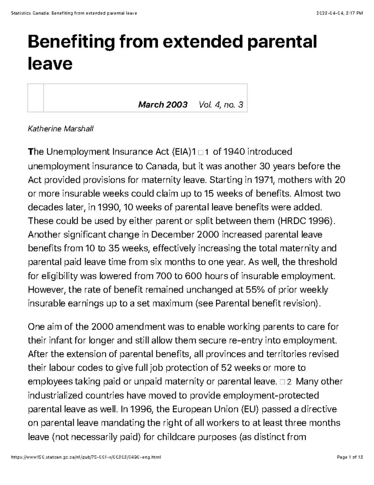 Statistics Canada: Benefiting from extended parental leave - Benefiting ...