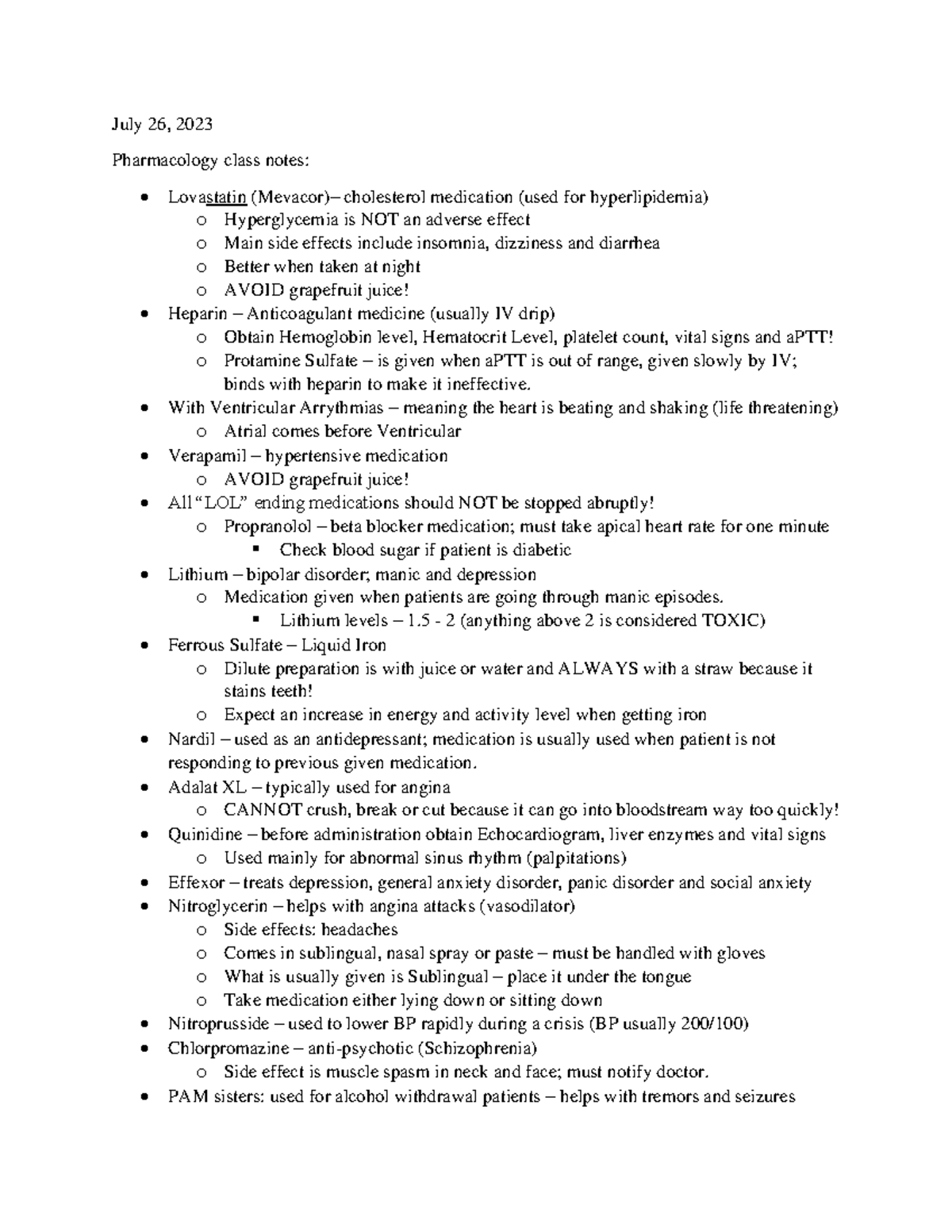 Pharm EXAM 3+Notes-2 - July 26, 2023 Pharmacology class notes ...