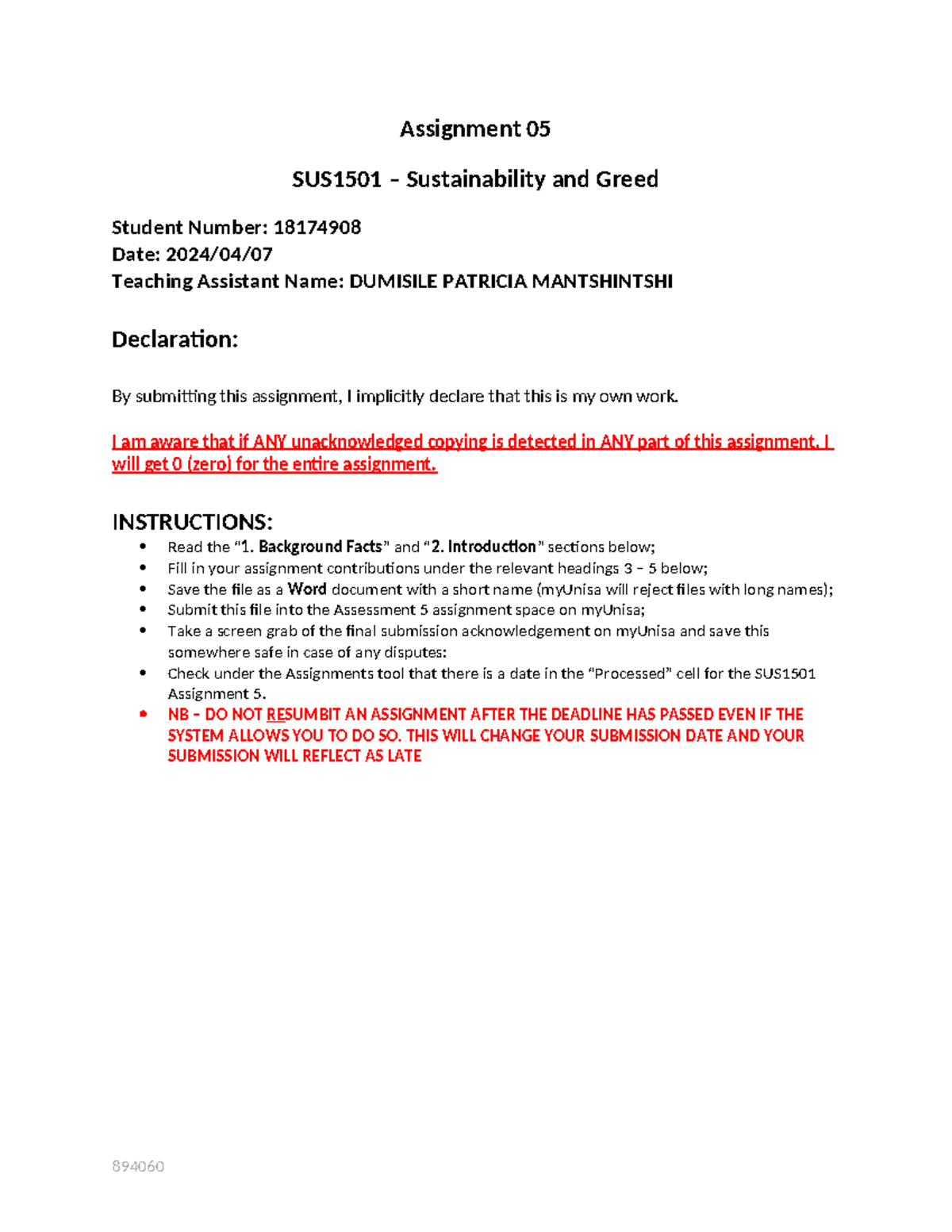 Assessment 5 SUS1501 – Sustainability and Greed - Assignment 05 SUS1501 ...