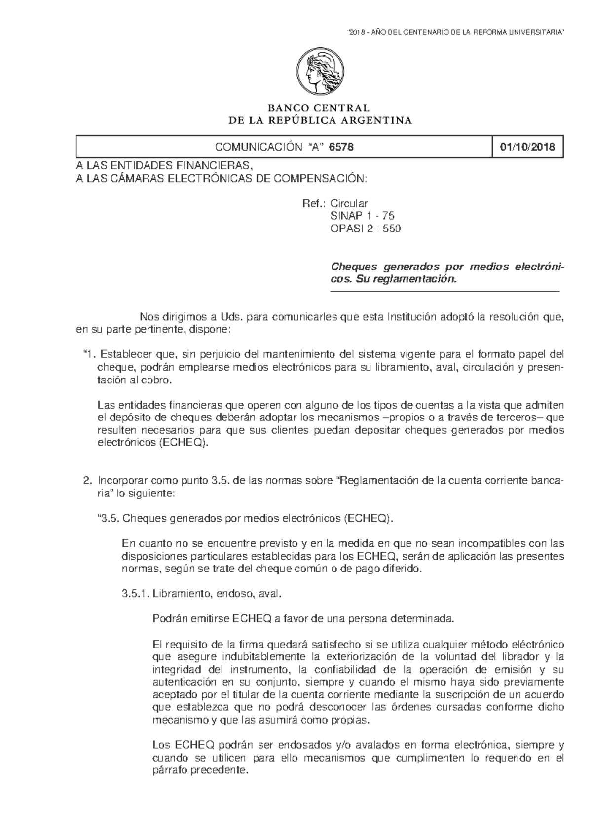 A6578 Echeq BCRA - DAD - “2018 - AÑO DEL CENTENARIO DE LA REFORMA ...