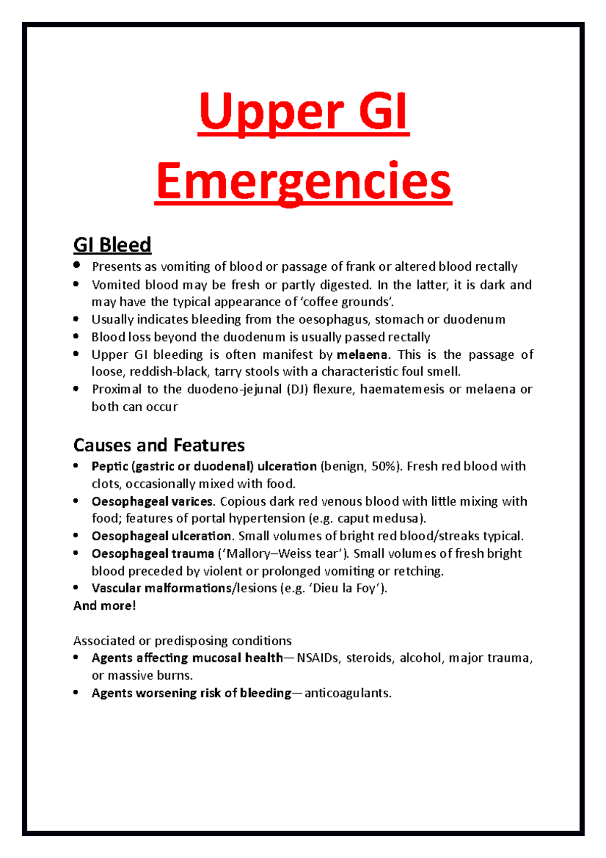 Upper GI Emergencies - Upper GI Emergencies GI Bleed Presents as vomiting of blood or - Studocu