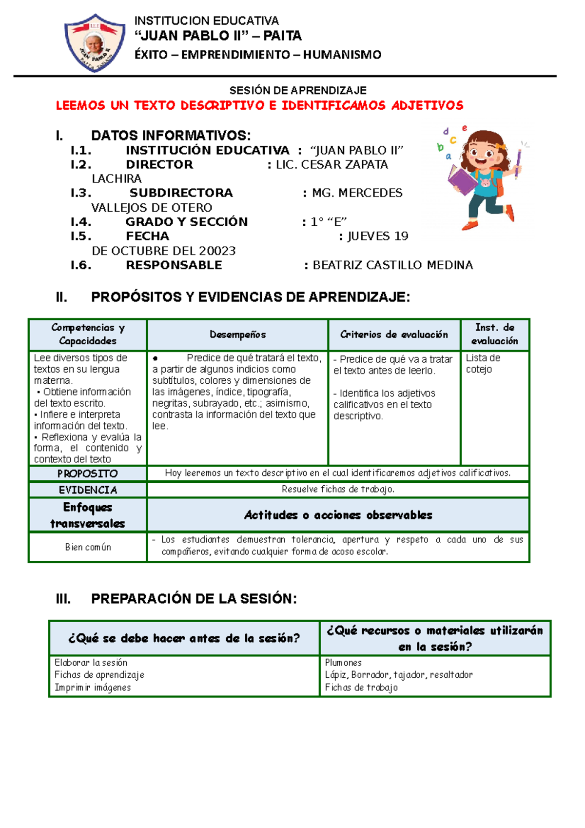 Sesion- Leemos UN Texto E Identificamos EL Adjetivo - INSTITUCION EDUCATIVA “JUAN PABLO II ...