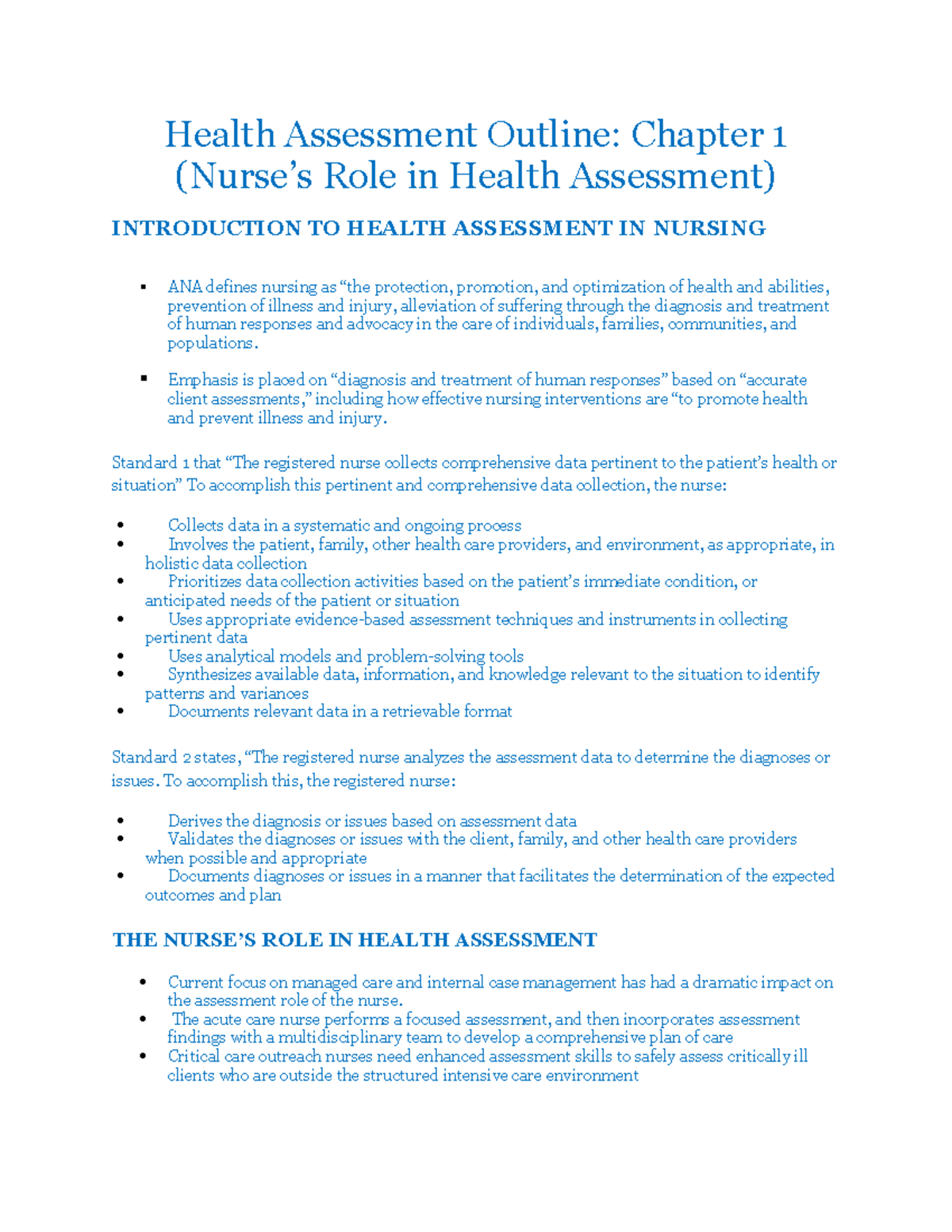 Health Assessment Outline Chapter 1 - Emphasis is placed on “diagnosis ...