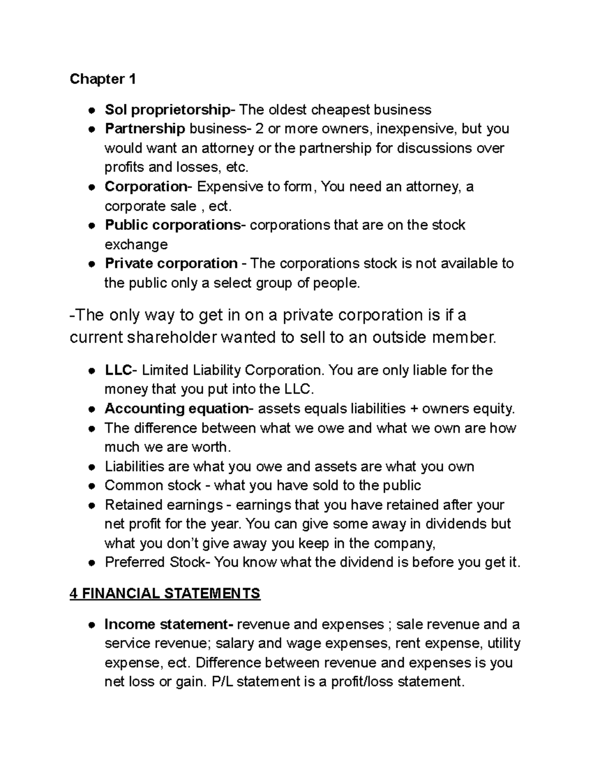 Chapter 1 notes - Chapter 1 Sol proprietorship- The oldest cheapest ...