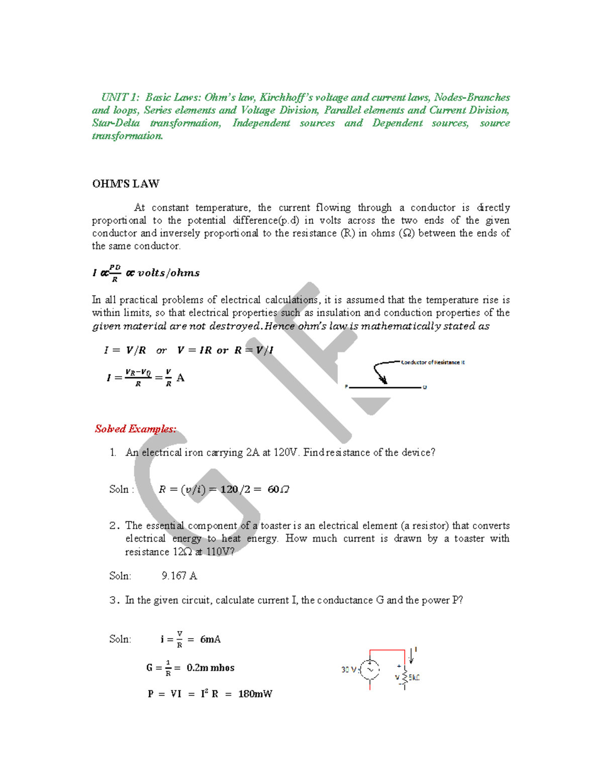 Unit 1 Laws - Basic laws - UNIT 1: Basic Laws: Ohm’s law, Kirchhoff’s ...