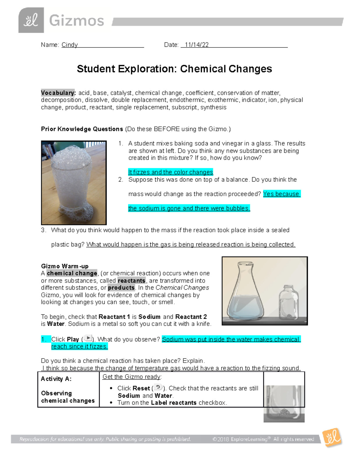 Chemical Changes Worksheet - Name: Cindy Date: 11/14/ Student ...