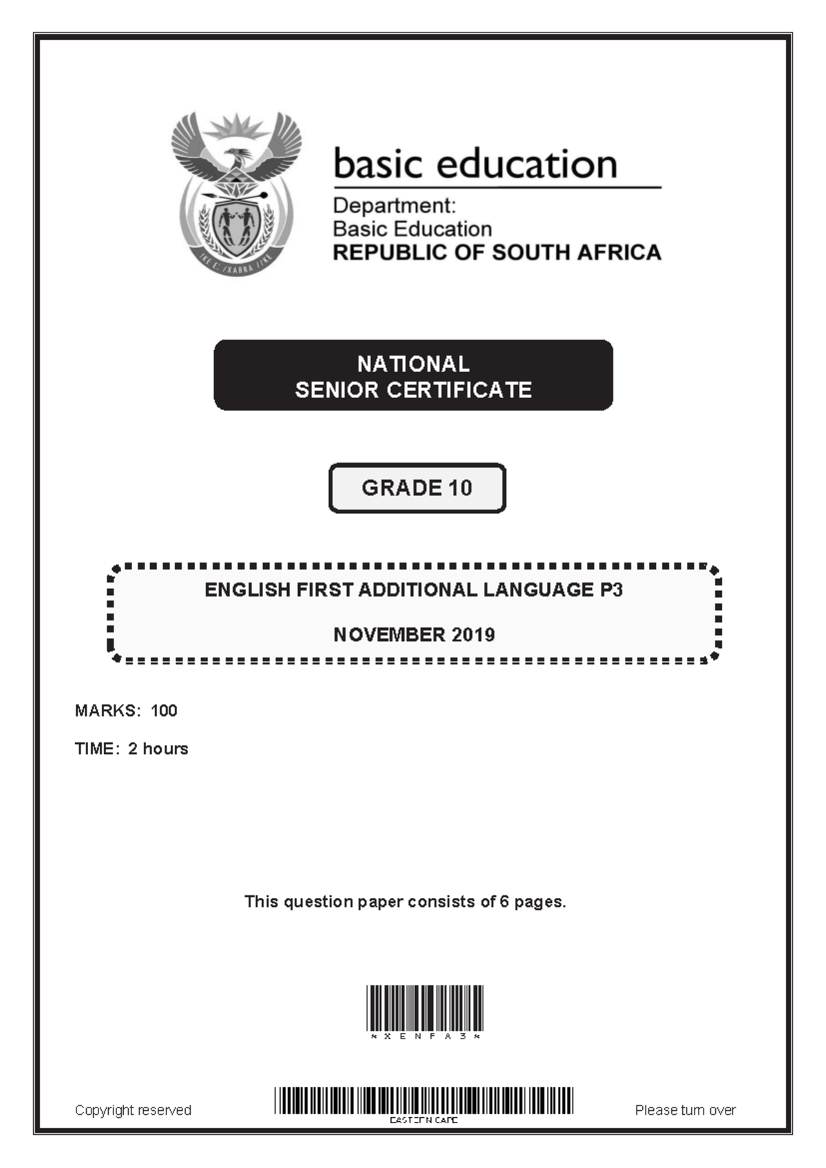 English FAL P3 Grade 10 Nov 2019 D - MARKS: 100 TIME: 2 hours This ...