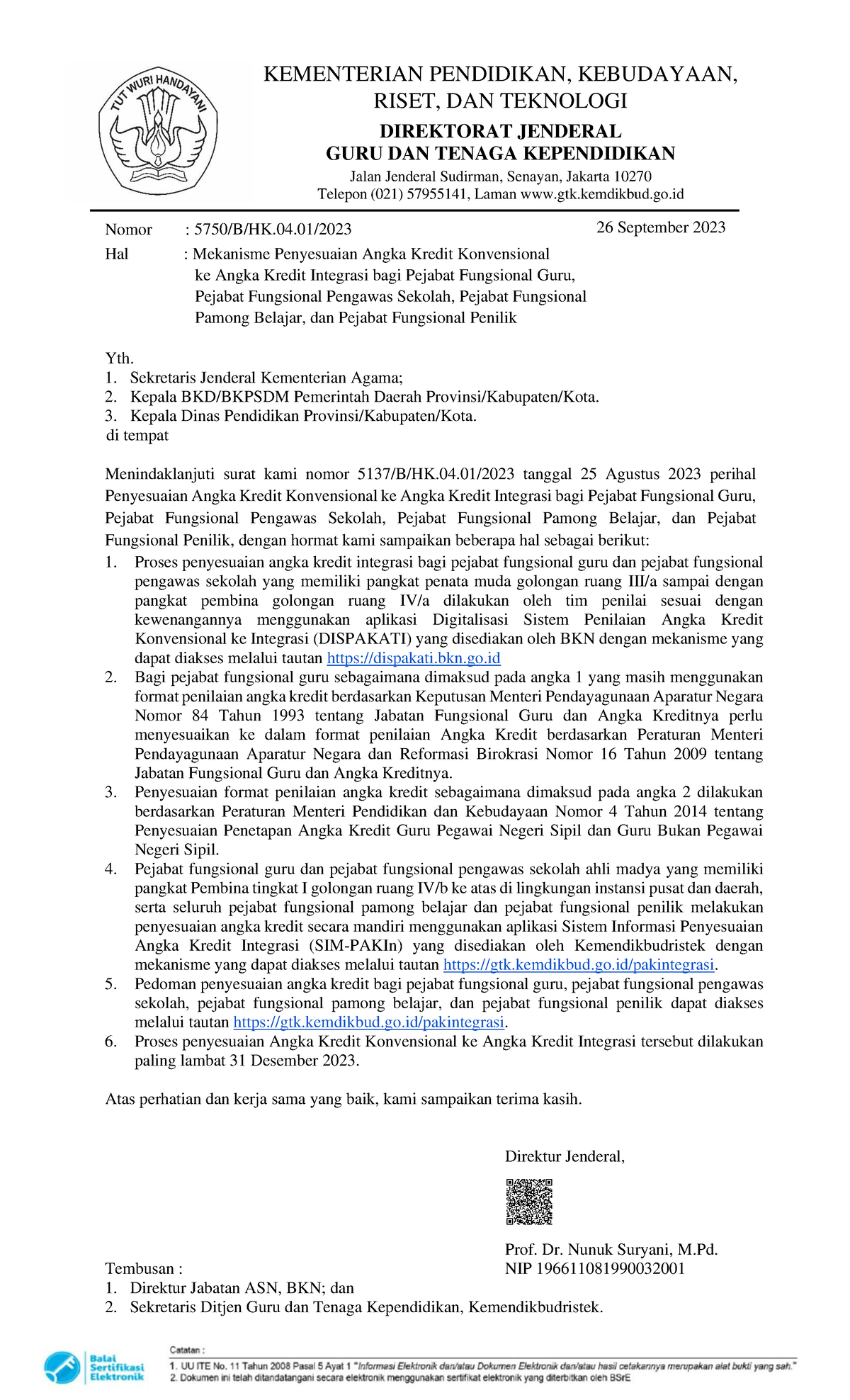 Surat Dirjen GTK Mekanisme Penyesuaian Angka Kredit Konvensional ke ...