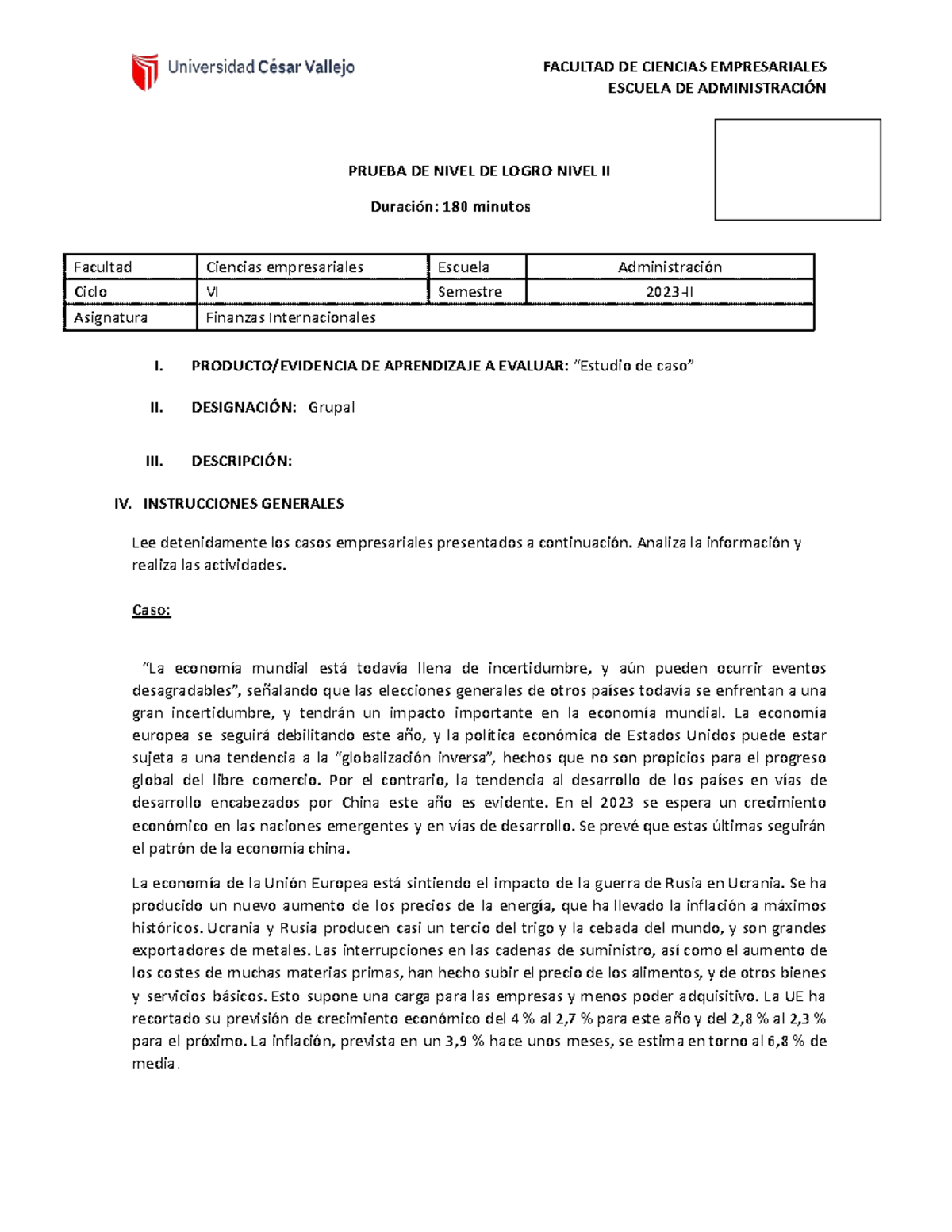 Prueba del nivel de logro 2 - ESCUELA DE ADMINISTRACIÓN PRUEBA DE NIVEL DE LOGRO NIVEL II ...