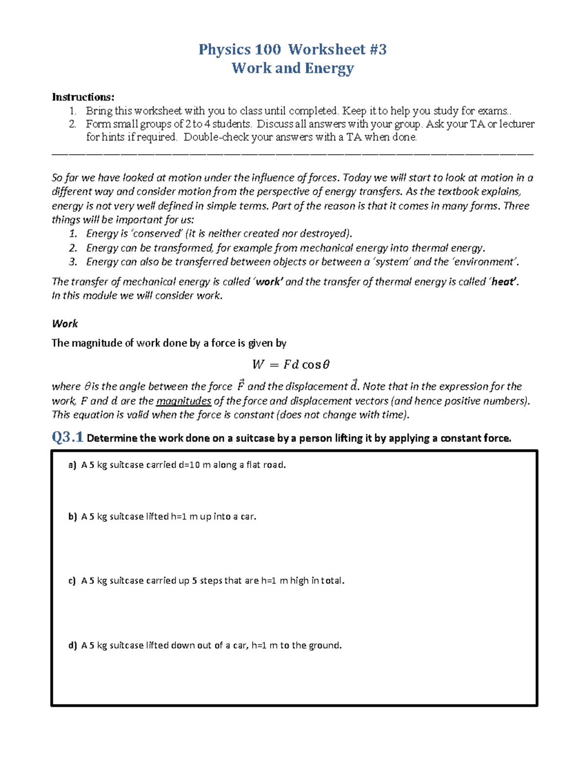 Worksheet 3-Mechanical Energy-2022 - Physics 100 Worksheet Work and ...