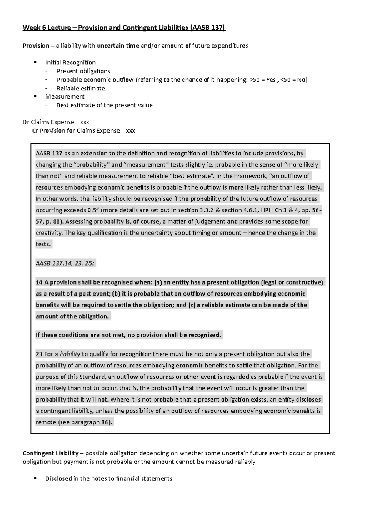 ACCT2011 Finals Notes - Week 6 Lecture – Provision and Contingent ...