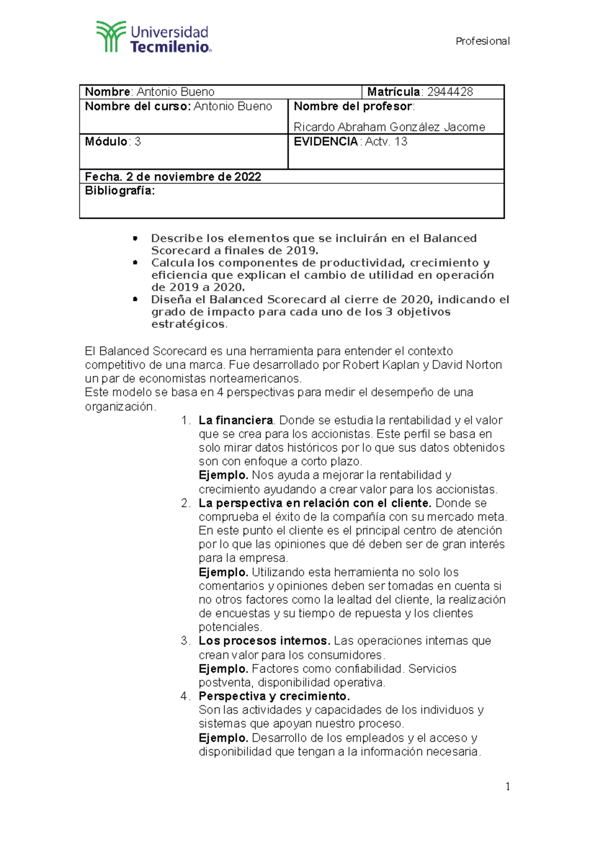 Actv 13 consultoria f - actv 13 conslutoria F. - Profesional Nombre: Antonio Bueno Matrícula ...