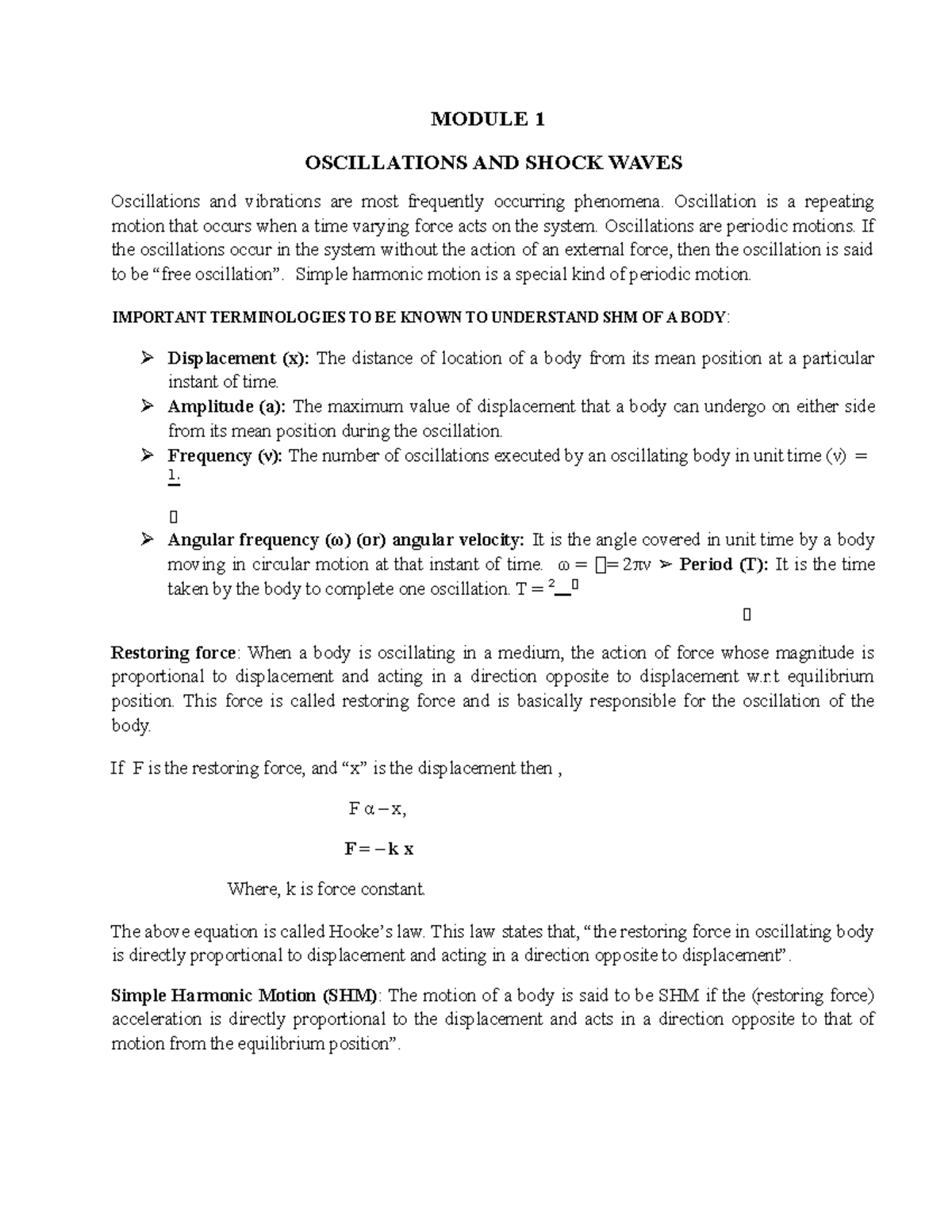 Oscillations AND Shock Waves - MODULE 1 OSCILLATIONS AND SHOCK WAVES Oscillations and vibrations ...