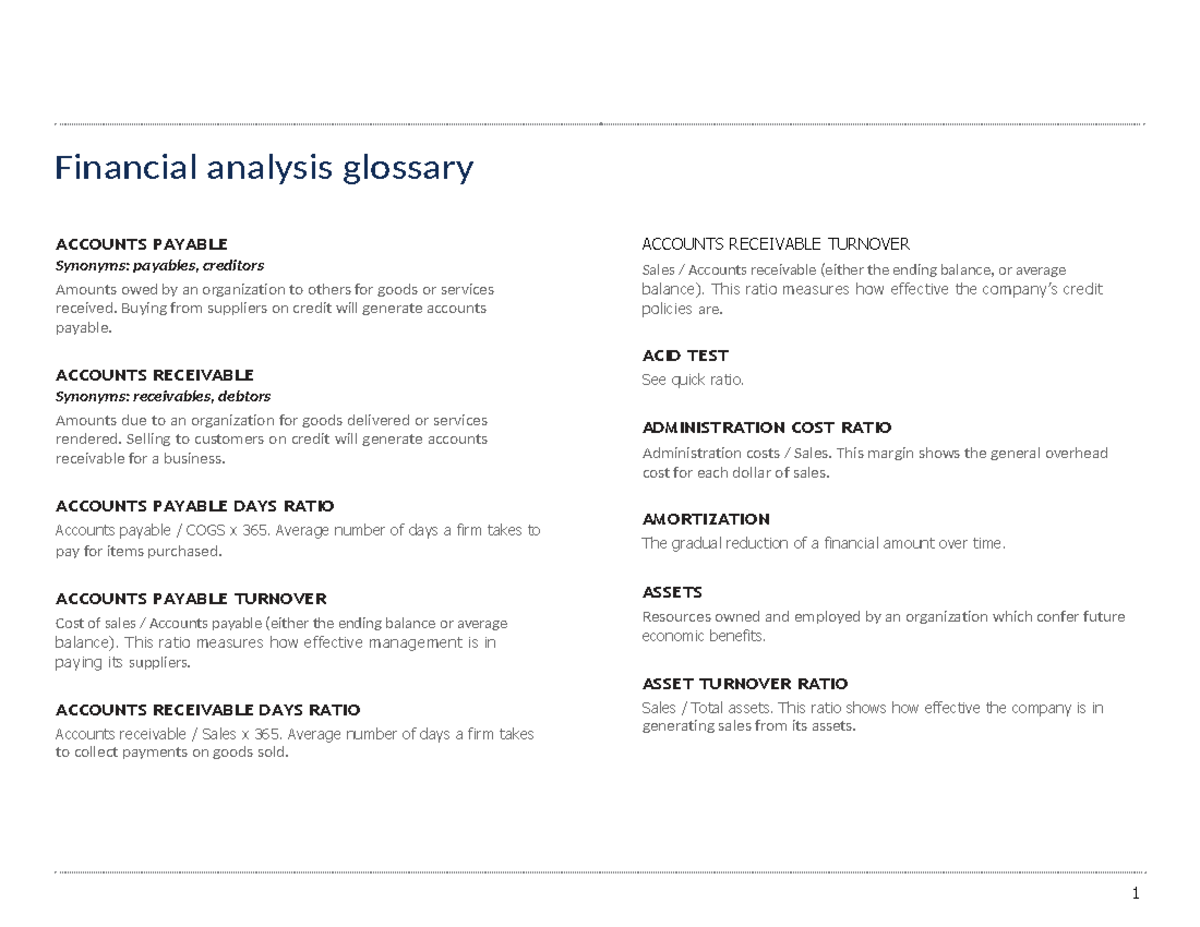 Financial Analysis Glossary - ACCOUNTS PAYABLE Synonyms: payables ...