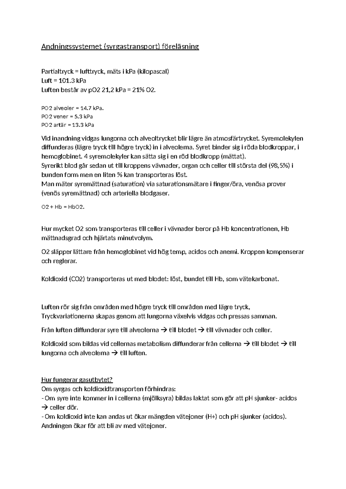 Andningssystemet föreläsning - Andningssystemet (syrgastransport ...