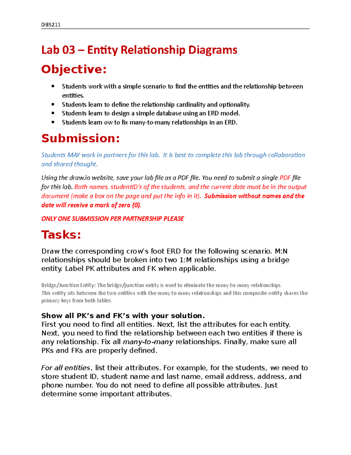 Dbs211 Lab03 Erd Questions For Lab 3 Dbs Lab 03 Entity Relationship Diagrams Objective