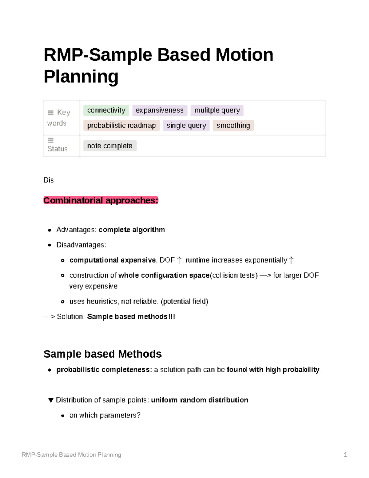 RMP 03 Sample Based Motion Planning - RMP-Sample Based Motion Planning Key words connectivity ...