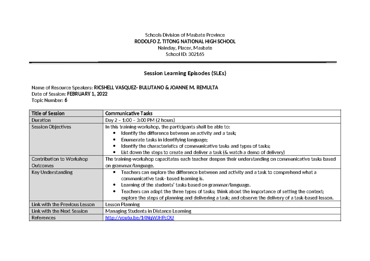 SLE - none - Schools Division of Masbate Province RODOLFO Z. TITONG ...
