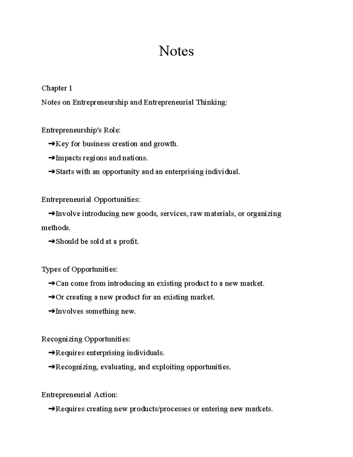 Notes Chapter 1 - Notes Chapter 1 Notes on Entrepreneurship and ...