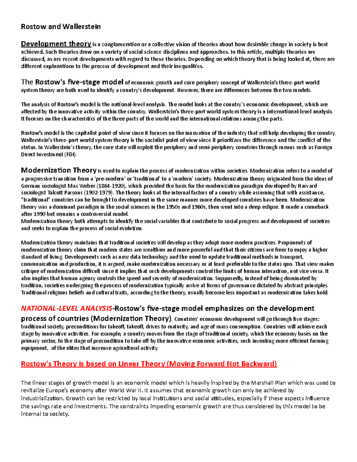 Rostow and Wallerstein - Rostow and Wallerstein Development theory is a ...