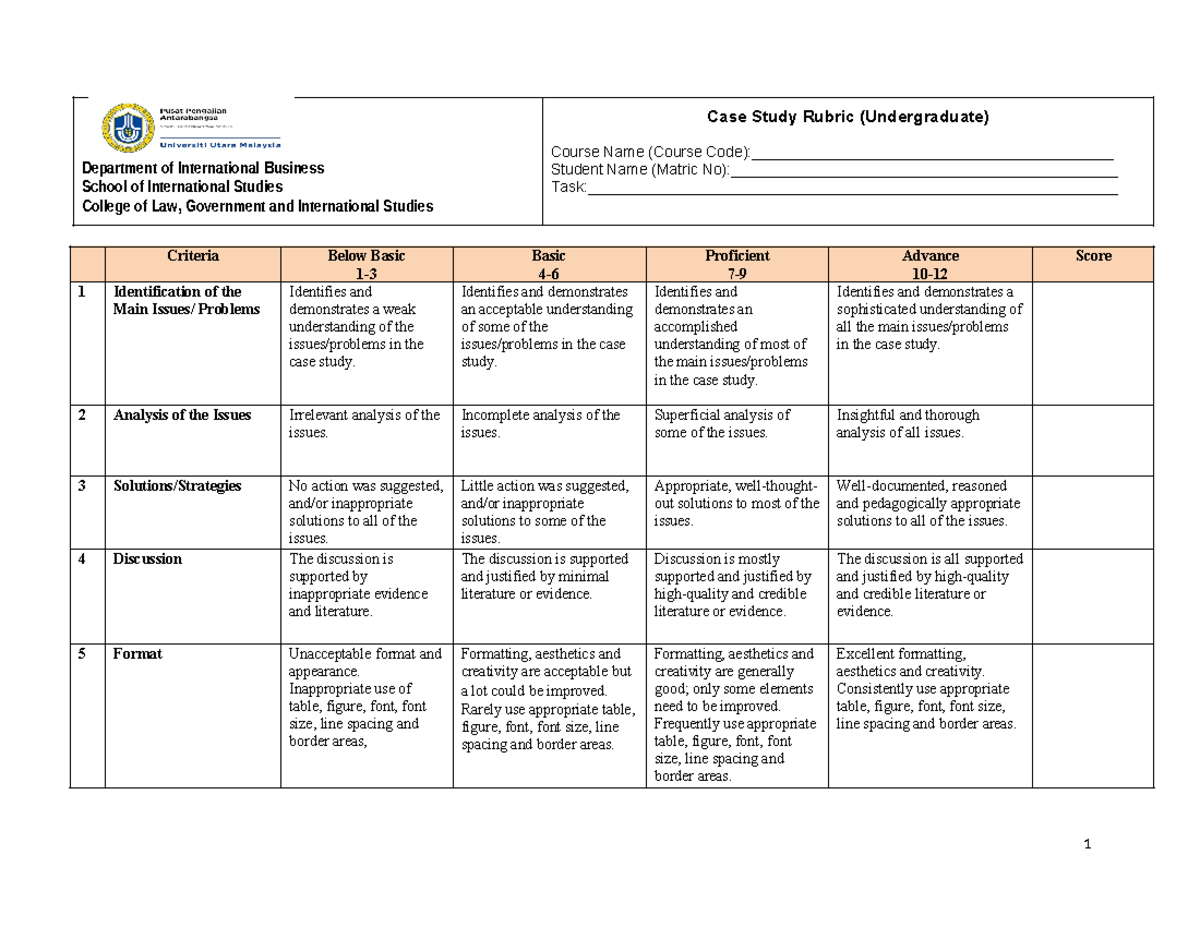 Rubric CASE Study - Department of International Business School of ...
