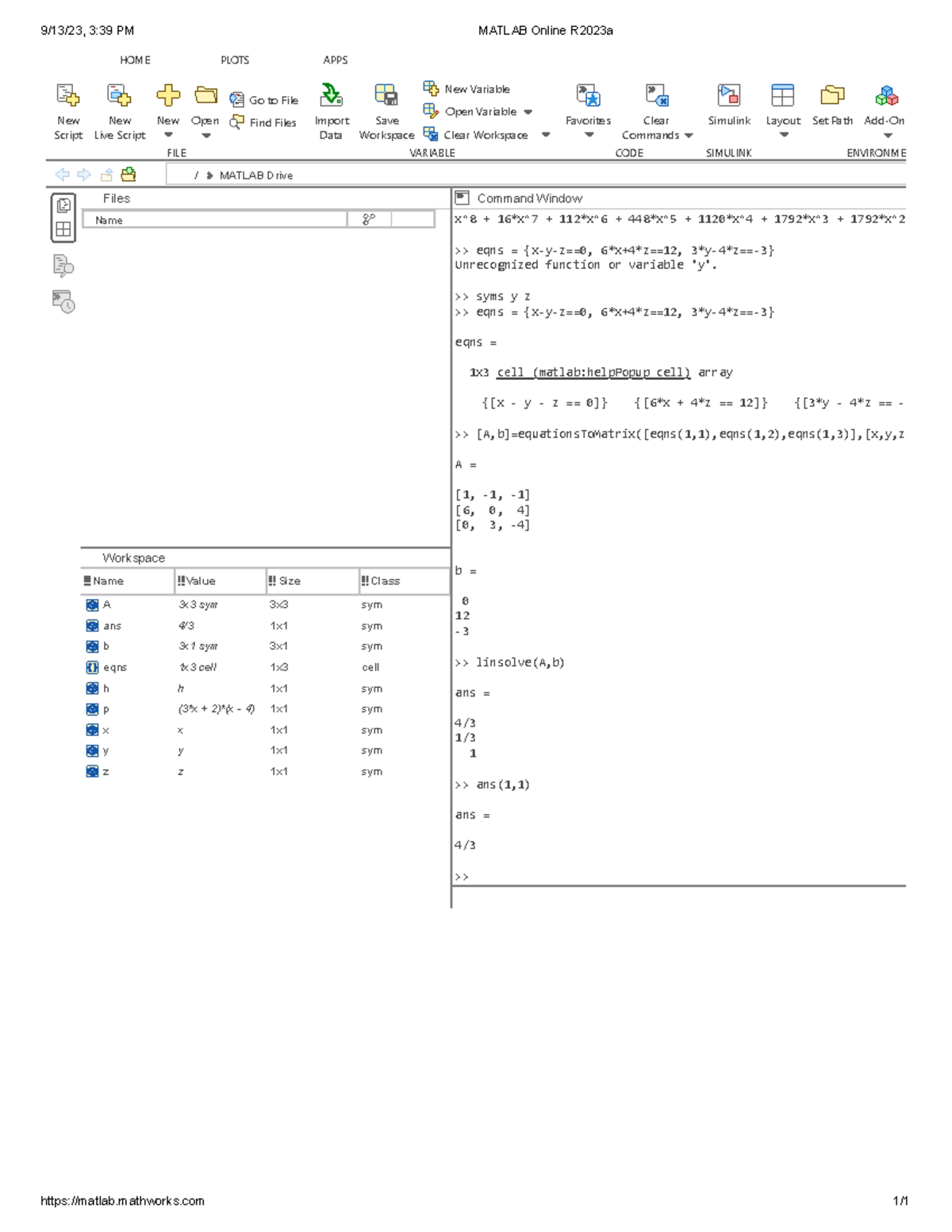 Matlab Project 1 91323 339 Pm Matlab Online R2023a Matlabmathworks 1 Name Name Value