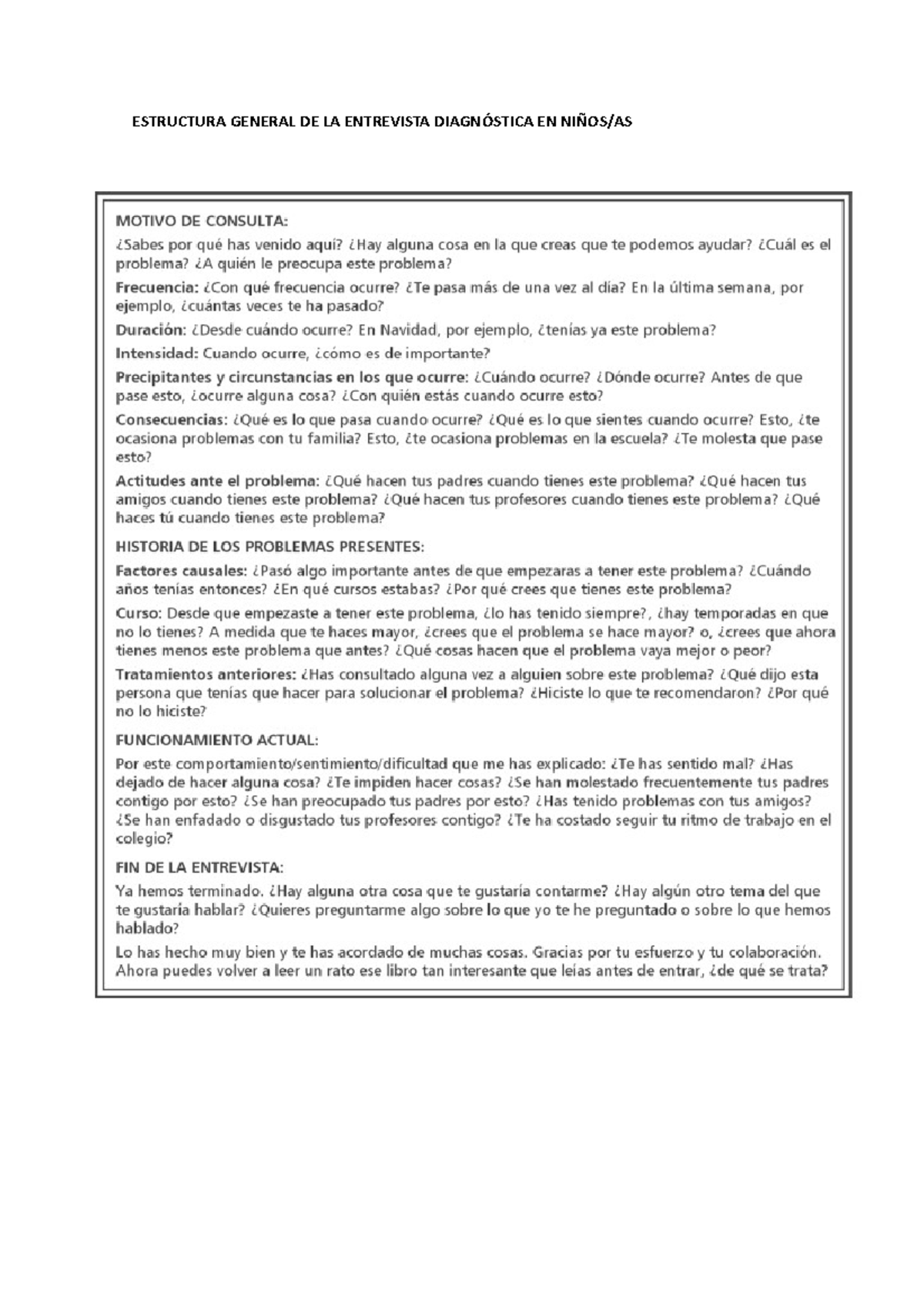 Estructura General DE LA Entrevista Diagnóstica EN Niños - ESTRUCTURA ...