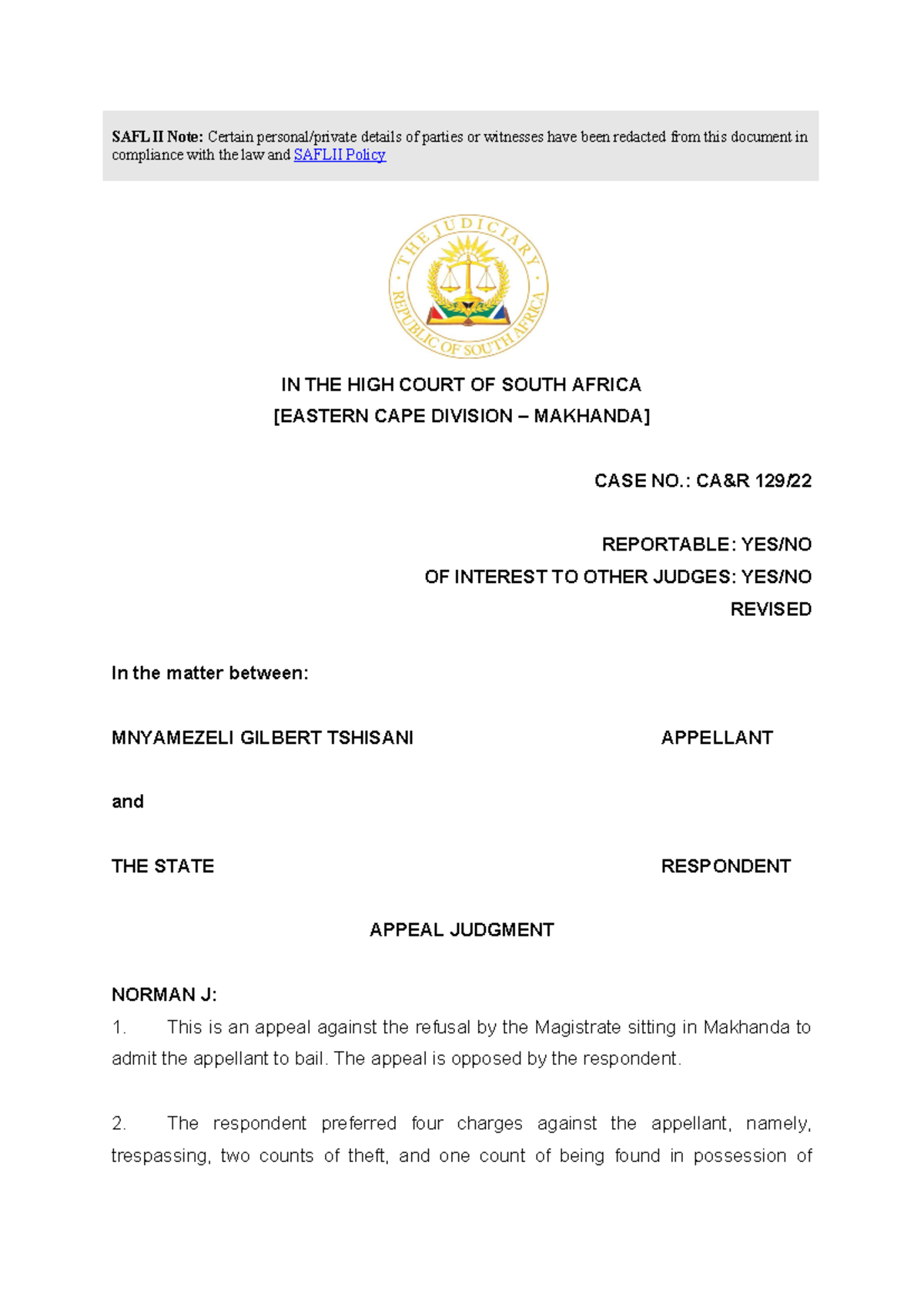 Basic principles of bail – Magistrate misdirected - SAFLII Note ...