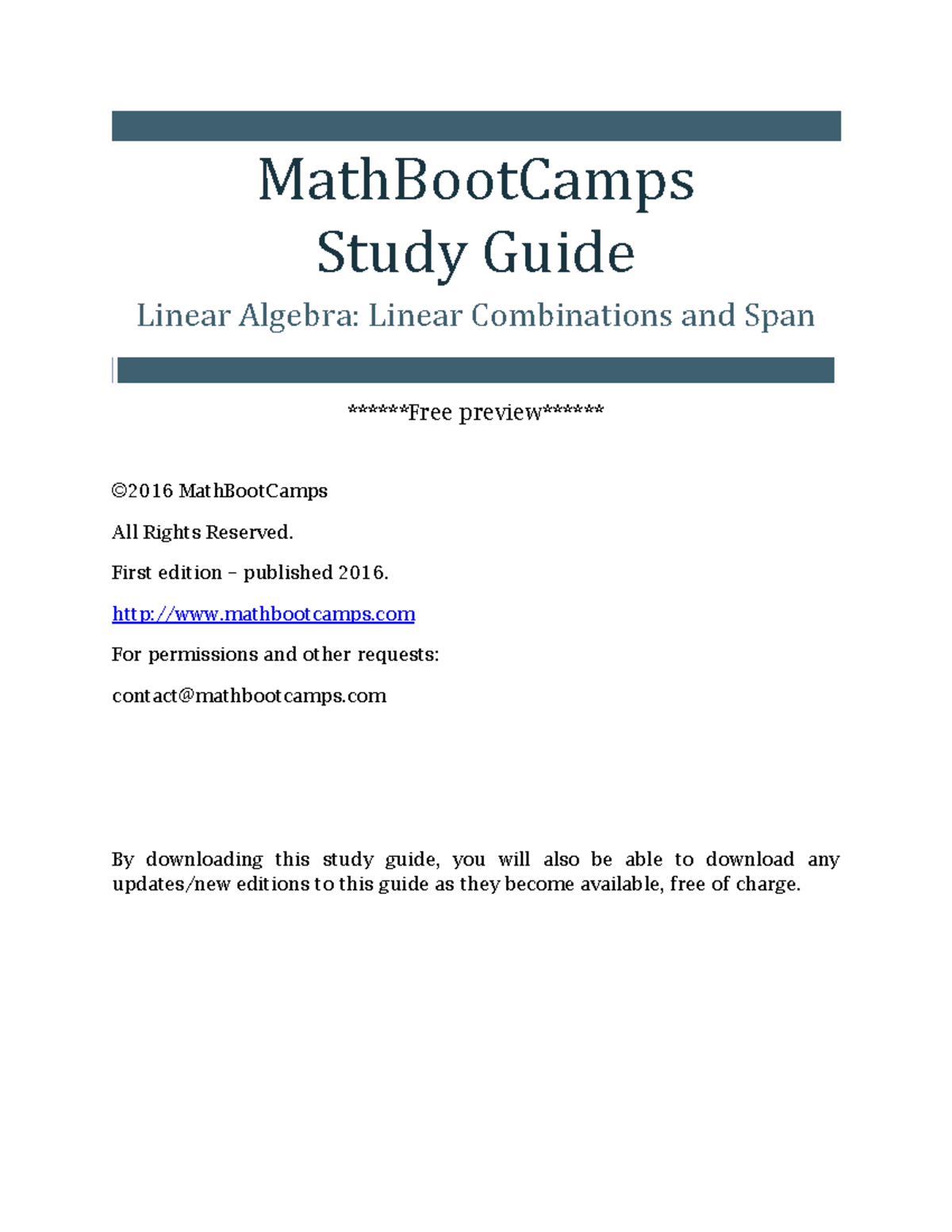 Preview Math Boot Camps Study Guide Linear Algebra Linear Combinations ...