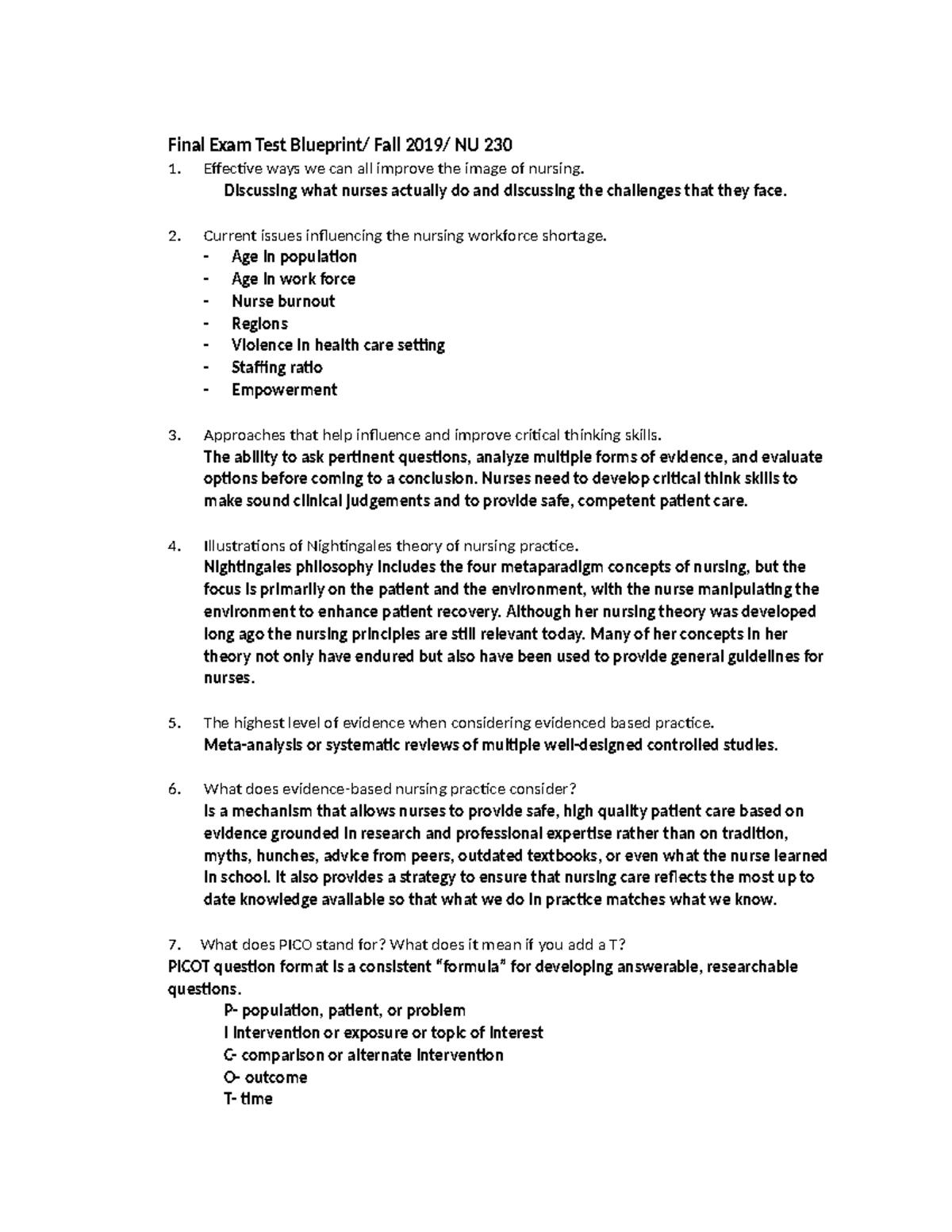 Final Exam Test Blueprint intro class - Final Exam Test Fall NU 230 1 ...