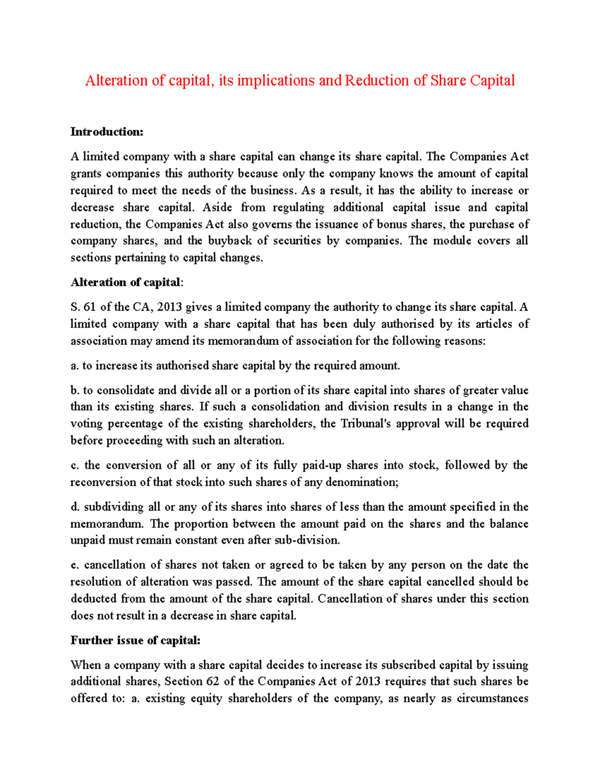 Alteration of capital, its implications and Reduction of Share Capital ...