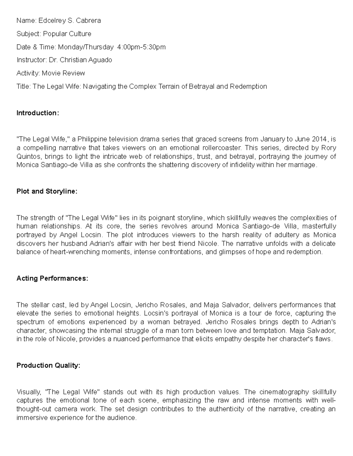 Pop culture activity - Summary Bachelor of Secondary Education Major in ...