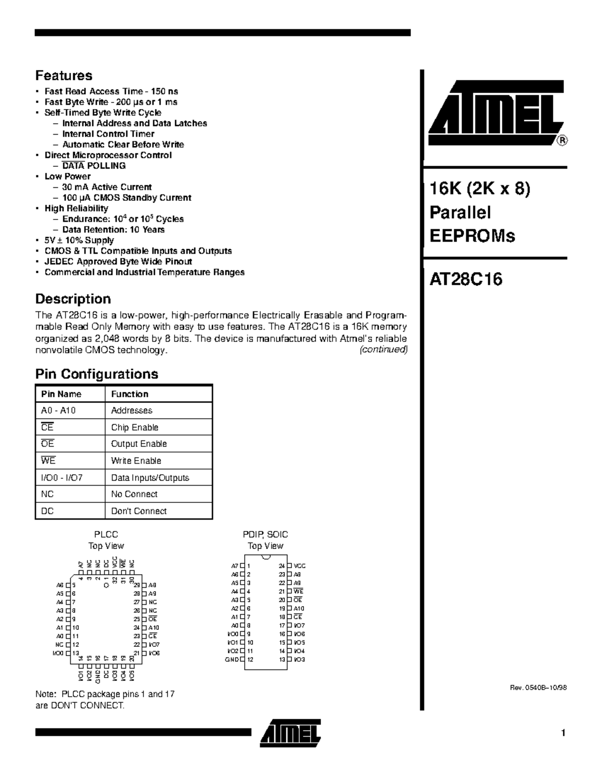 AT28C16 - 1 Features Fast Read Access Time - 150 ns Fast Byte Write ...