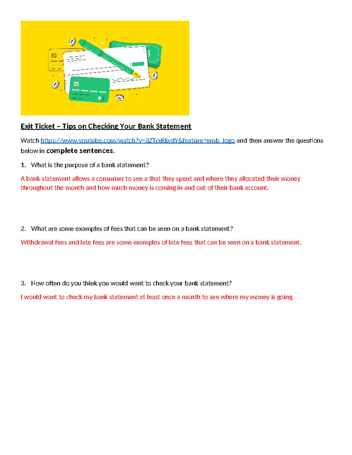 ECON Tips on Checking Your Bank Statement Exit Ticket - Exit Ticket ...