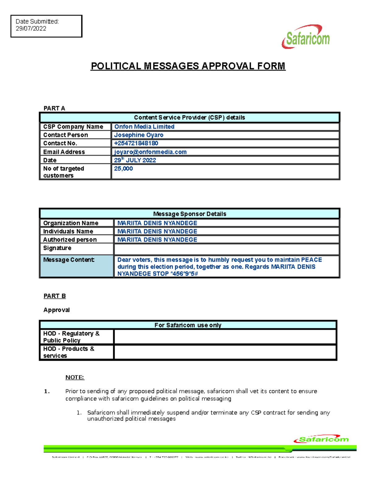 Political Message Approval FORM Filled CSP April - 29/07/ POLITICAL ...