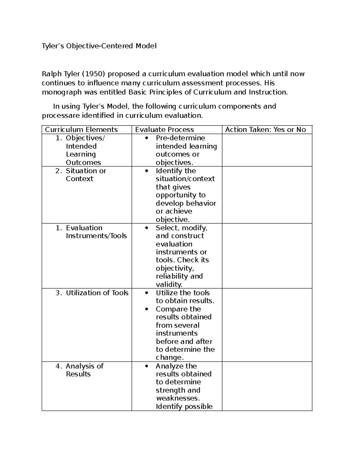 3. Tyler Objective-Centered Model - Tyler’s Objective-Centered Model ...