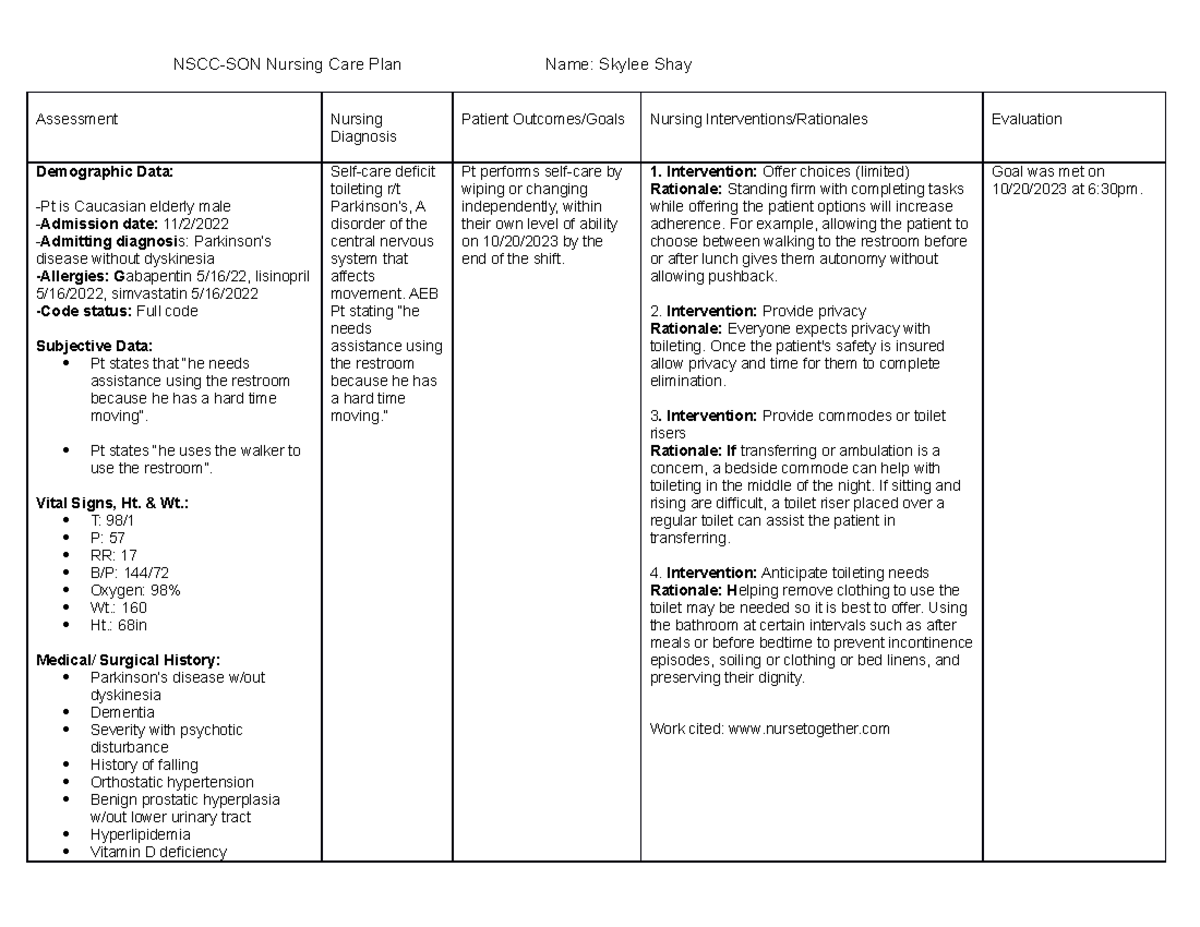 Care plan 2 - Care plan example for clinicals - NSCC-SON Nursing Care ...