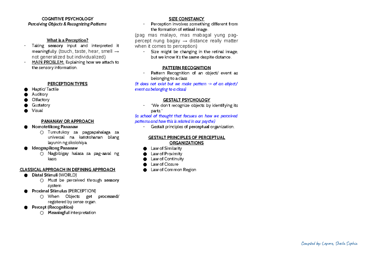 3. Perceiving Objects & Recognizing Patterns - COGNITIVE PSYCHOLOGY Perceiving Objects & - Studocu