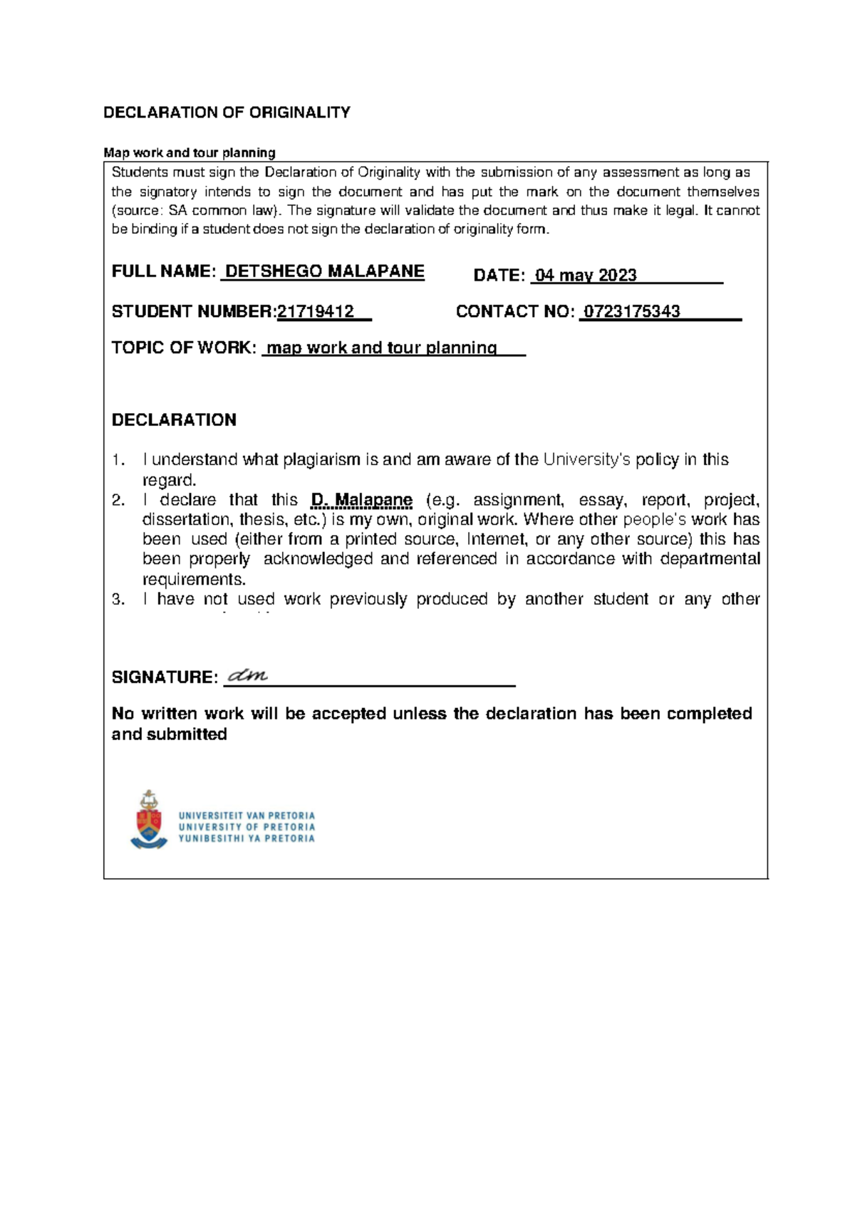 JMN 206 Long Lesson planning form Assignment - DECLARATION OF ORIGINALITY Map work and tour ...