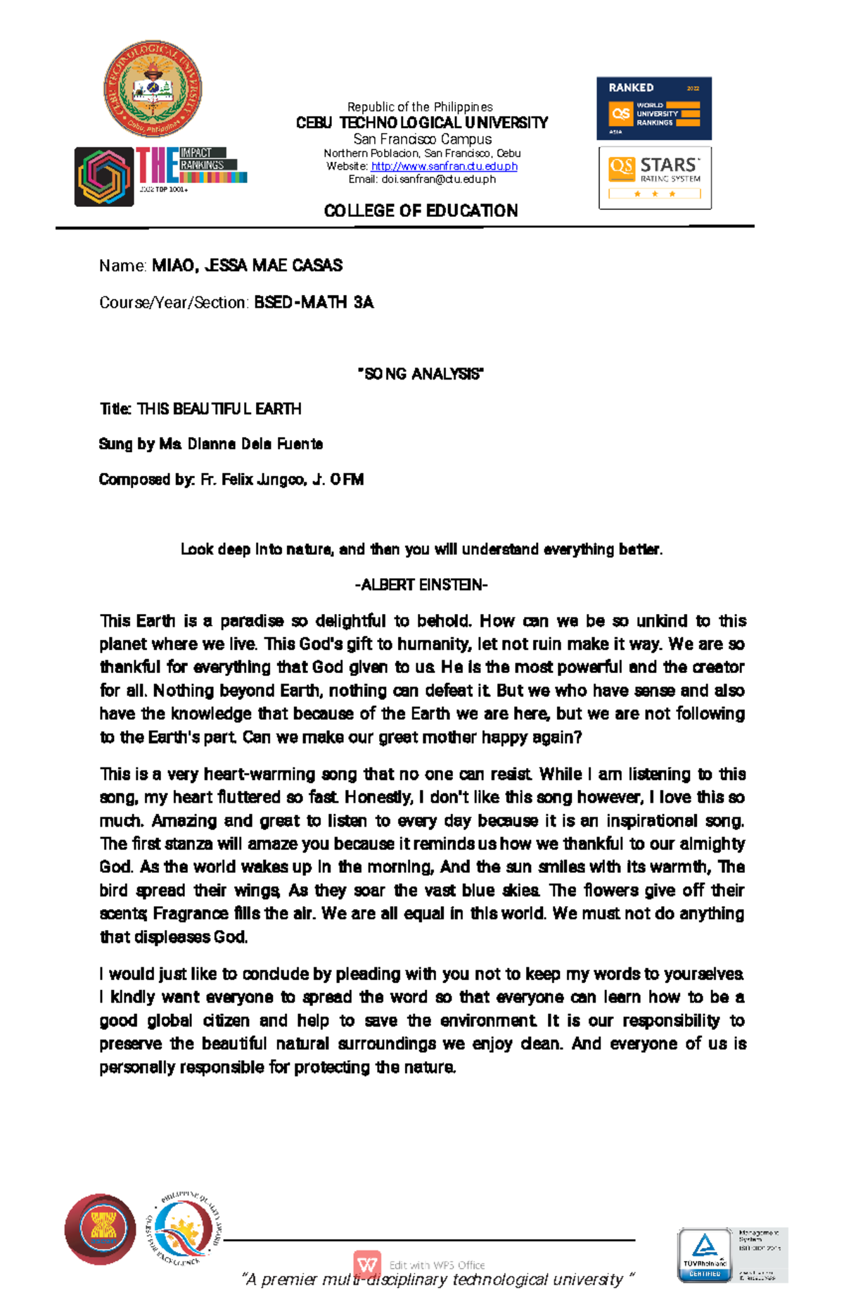 SONG Analysis - Assignment - “A premier multi- disciplinary ...