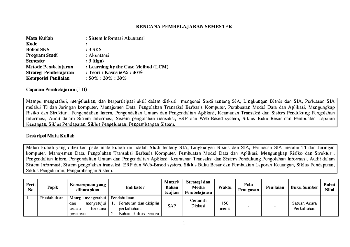 RPS SIA - Accounting Information System - RENCANA PEMBELAJARAN SEMESTER Mata Kuliah : Sistem ...