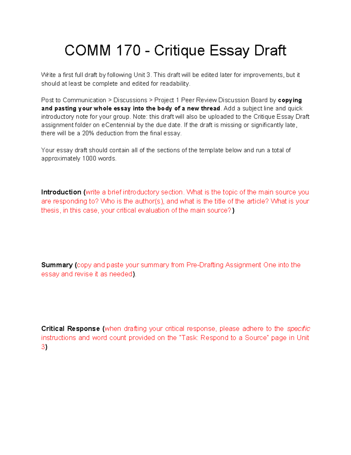 Critique Essay Draft Template - COMM 170 - Critique Essay Draft Write a first full draft by ...