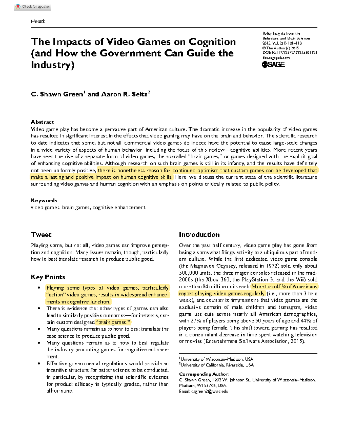 The Impacts of Video Games on Cognition - Policy Insights from the ...